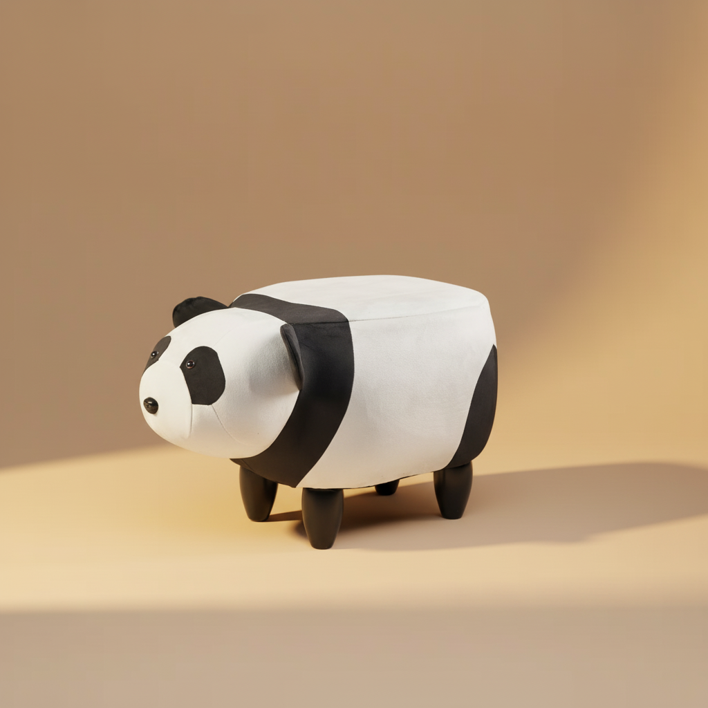 Faux fur padded pouf, wood - panda – Novità Home